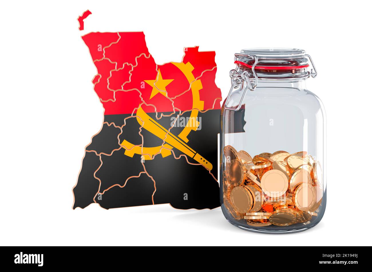 Angolan map with glass jar full of golden coins, 3D rendering isolated ...
