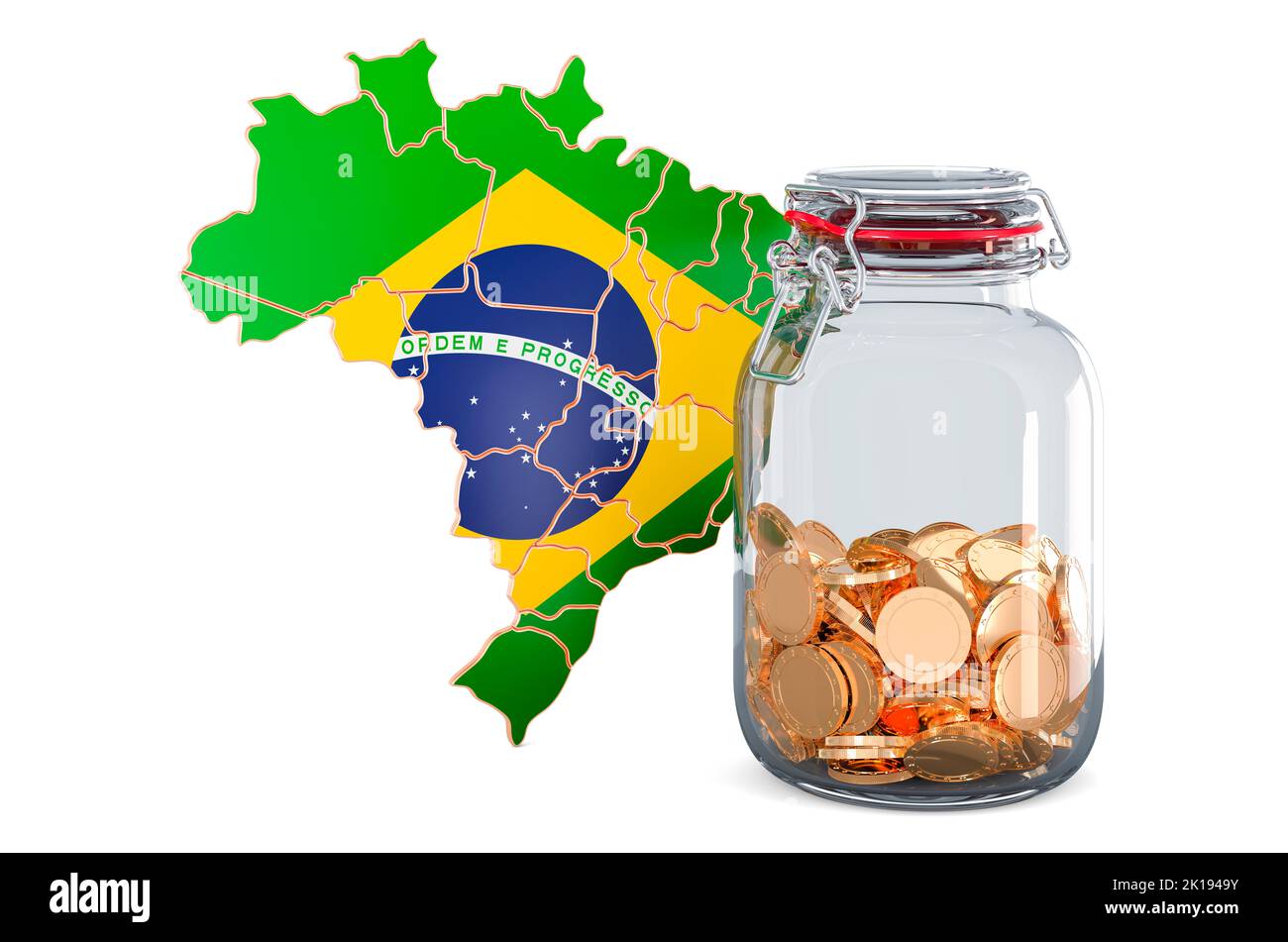 Brazilian map with glass jar full of golden coins, 3D rendering ...