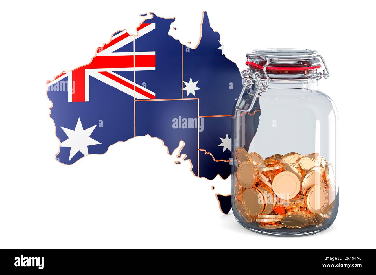 Australian map with glass jar full of golden coins, 3D rendering ...