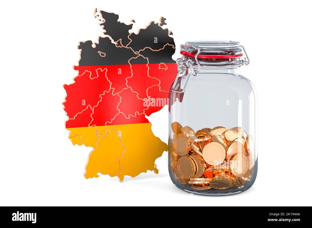 German map with glass jar full of golden coins, 3D rendering isolated ...
