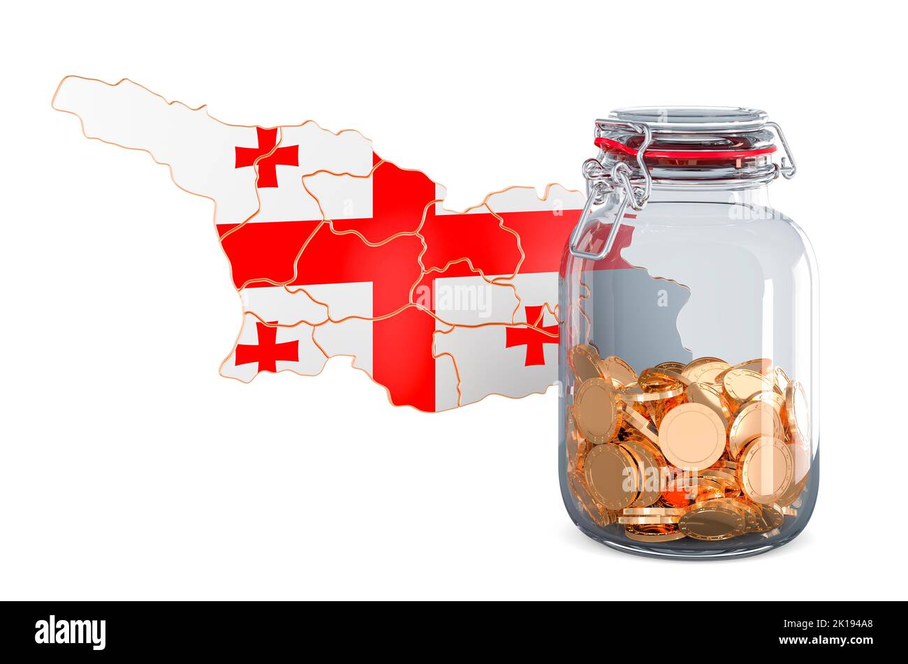Georgian map with glass jar full of golden coins, 3D rendering isolated ...