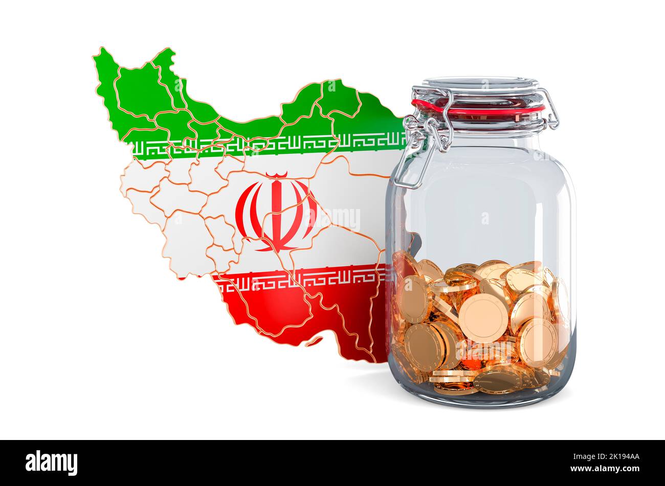 Iranian map with glass jar full of golden coins, 3D rendering isolated ...