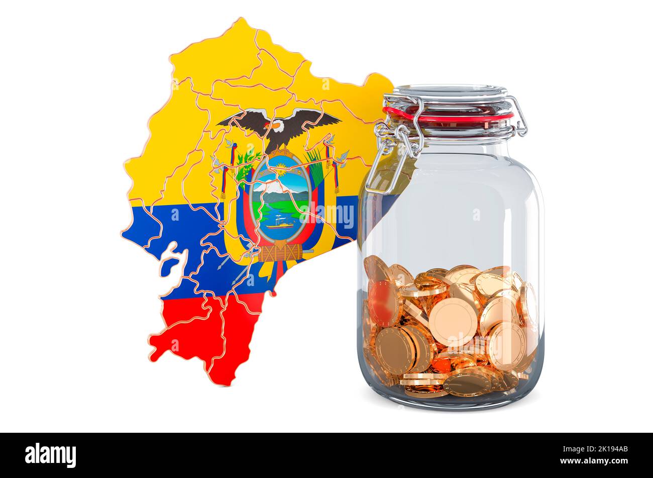 Ecuadorian map with glass jar full of golden coins, 3D rendering ...