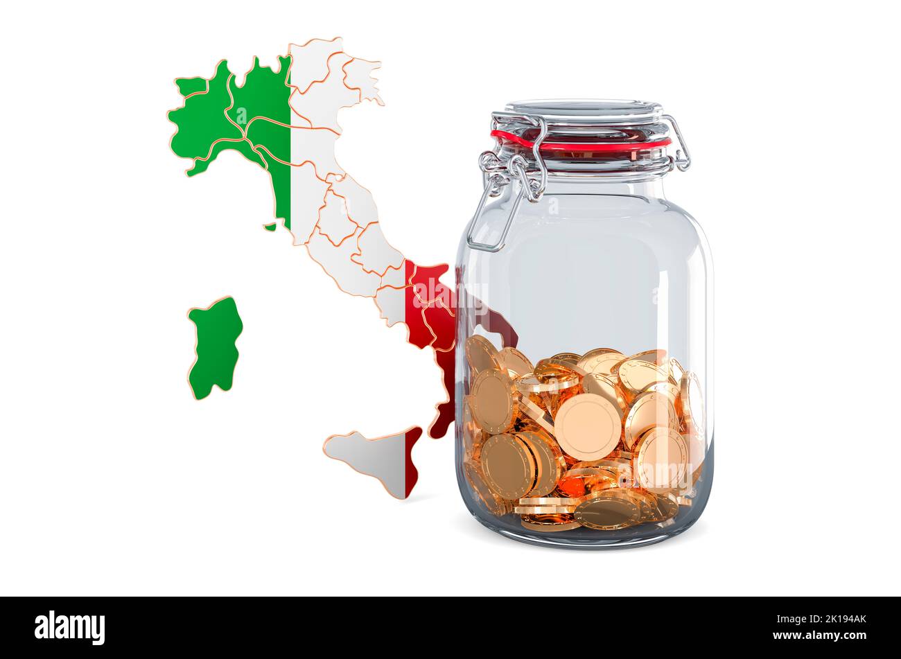 Italian map with glass jar full of golden coins, 3D rendering isolated ...