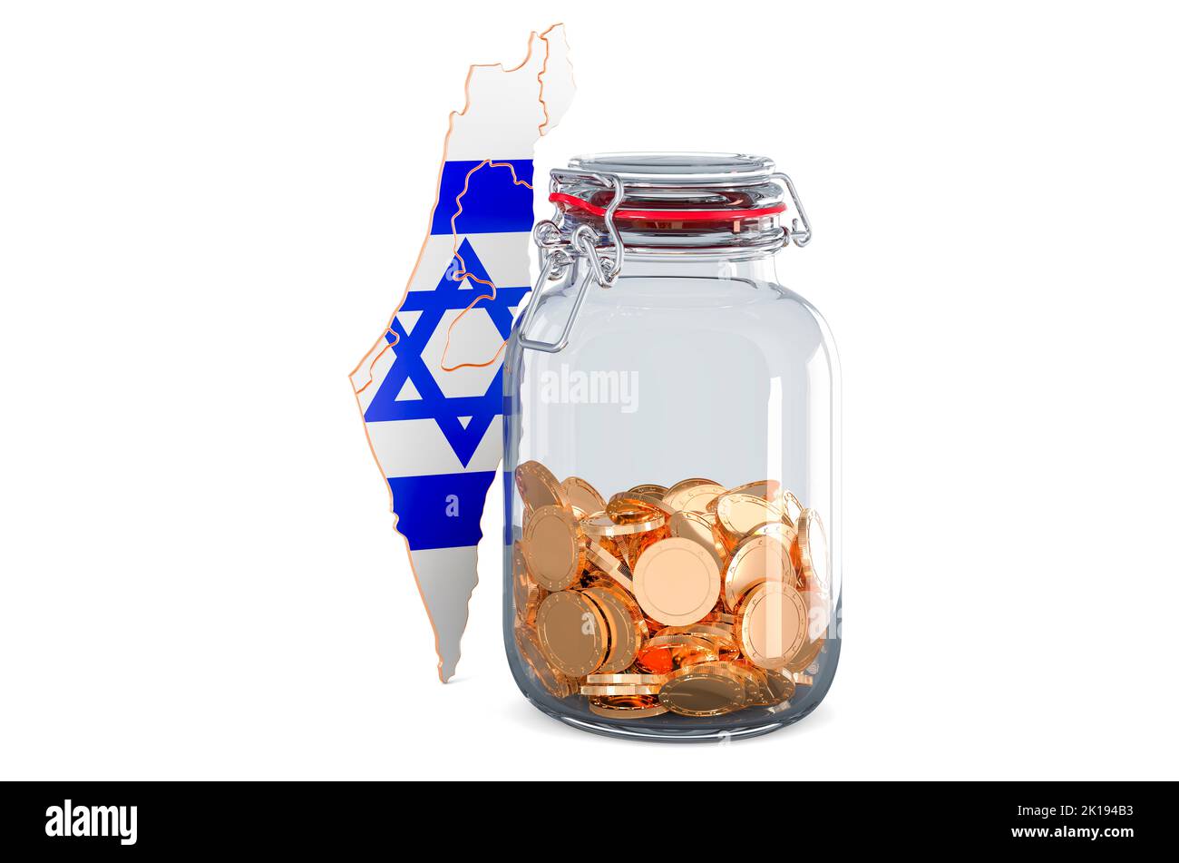 Israeli map with glass jar full of golden coins, 3D rendering isolated ...
