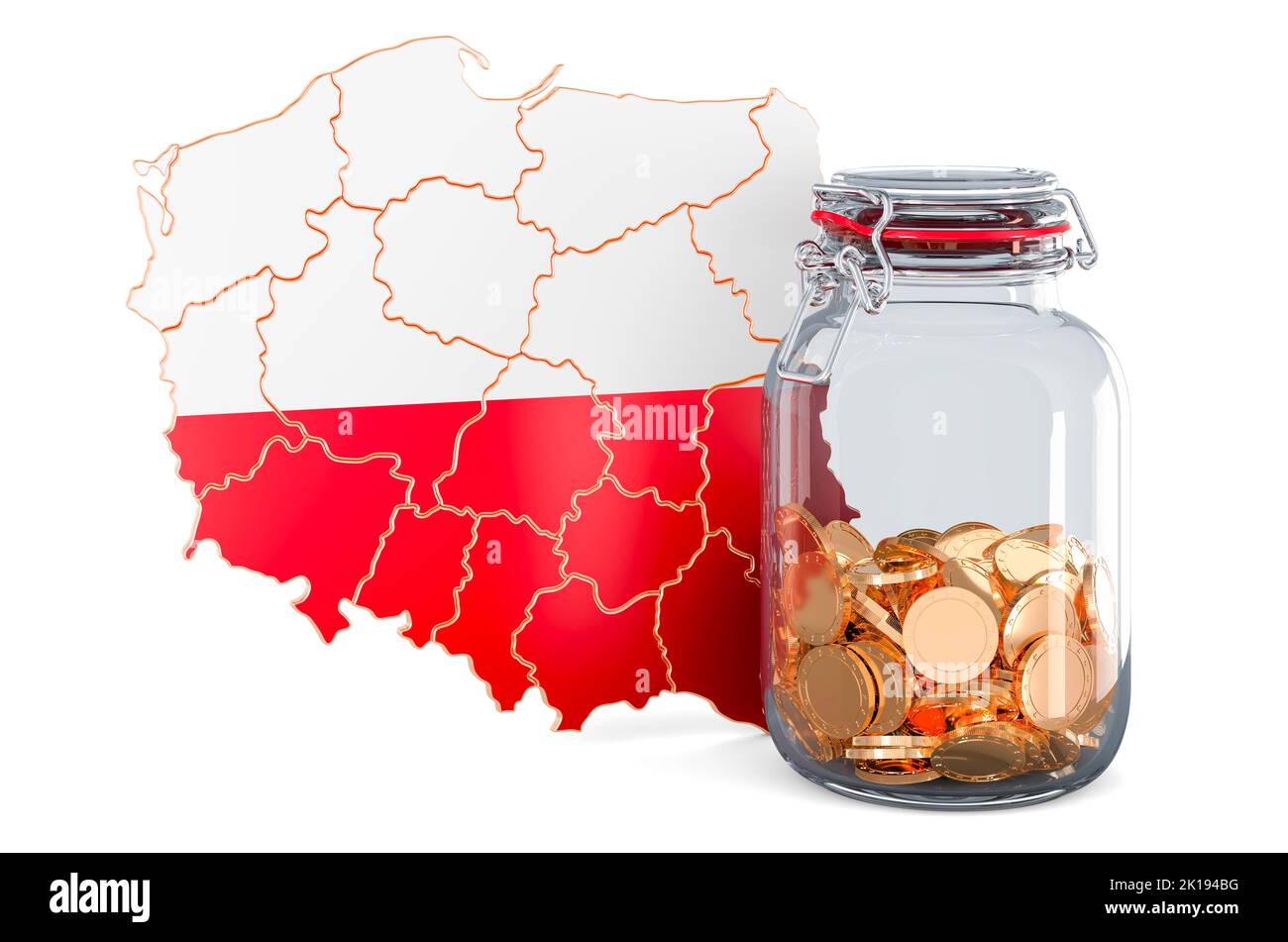 Polish map with glass jar full of golden coins, 3D rendering isolated ...