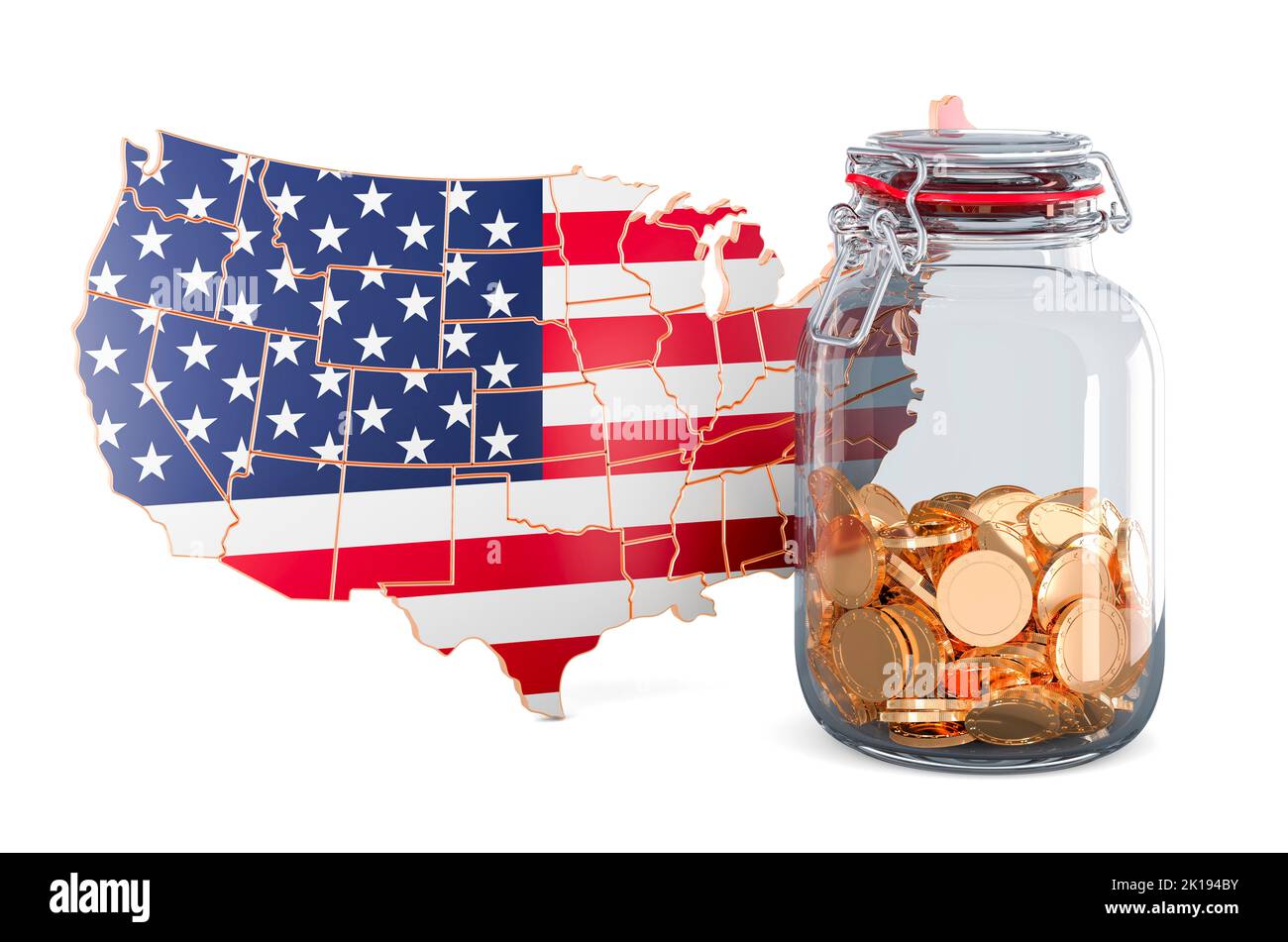 The United States map with glass jar full of golden coins, 3D rendering ...