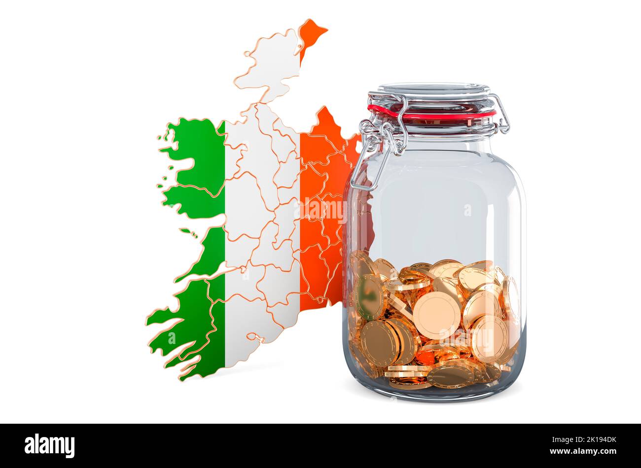 Irish map with glass jar full of golden coins, 3D rendering isolated on ...