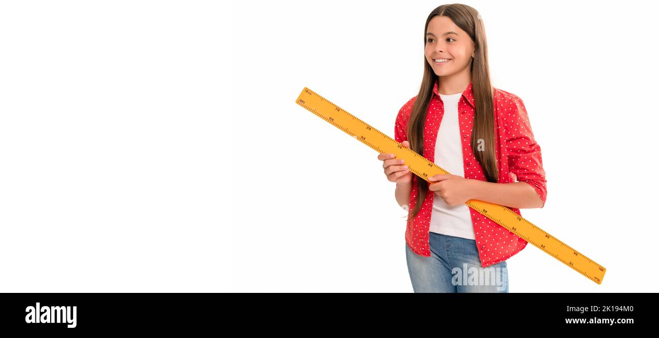 mathematics. positive teen girl hold ruler. back to school. algebra and ...