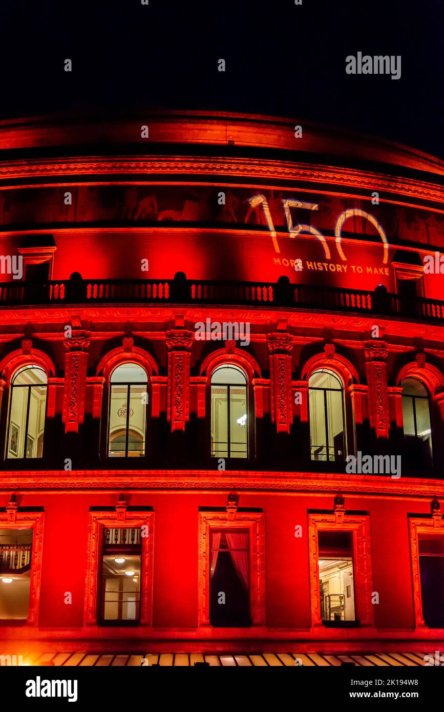 Royal Albert Hall, illuminated with bright red light, London, England ...