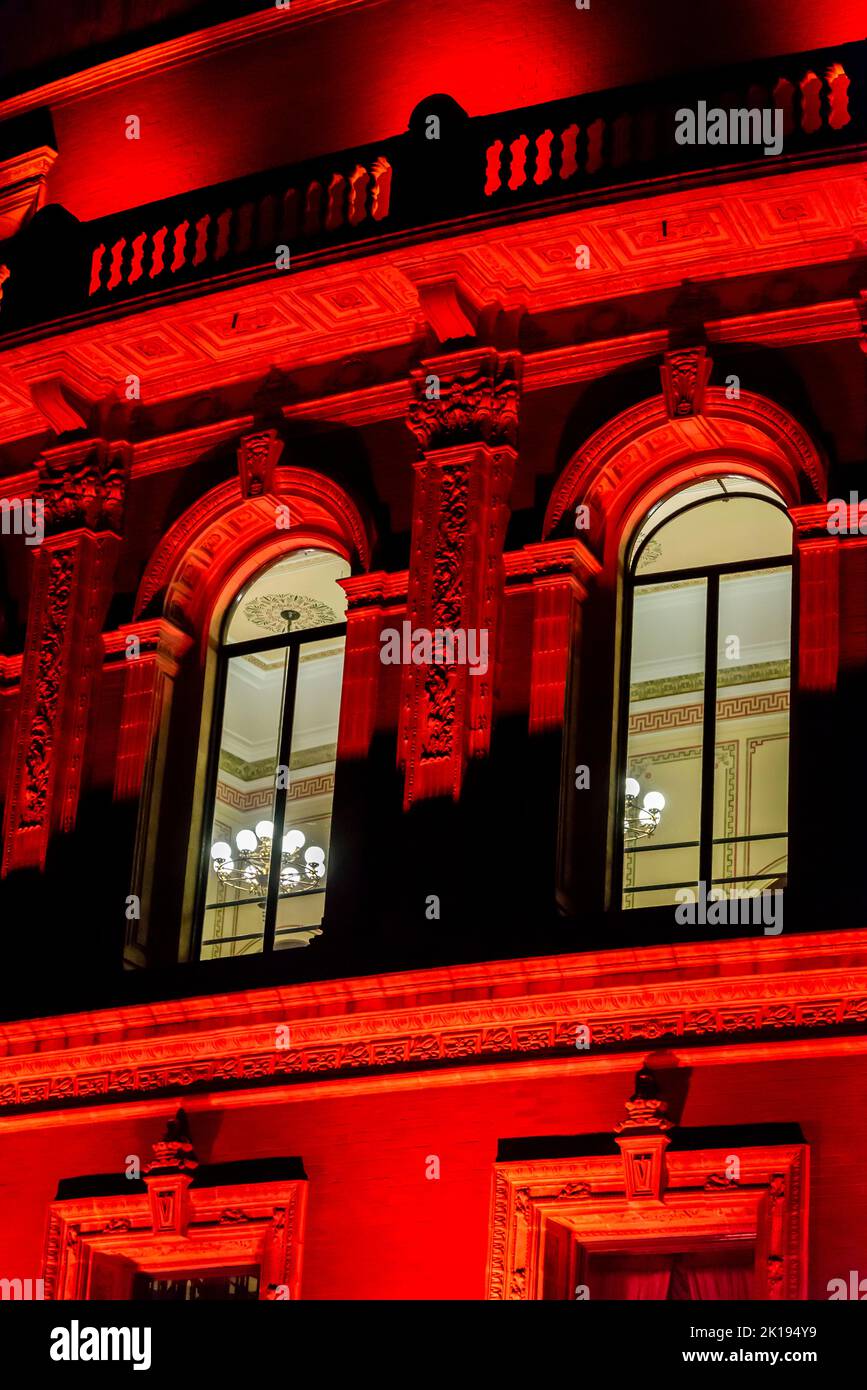 Royal Albert Hall, illuminated with bright red light, London, England ...