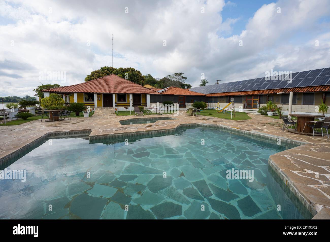 The swimming pool of the Baiazinha Lodge located on the Paraguay River ...