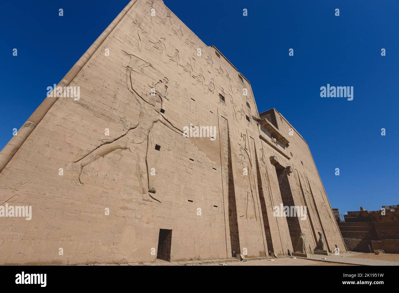 View to the main entrance of an Ancient Egyptian Edfu Temple showing ...