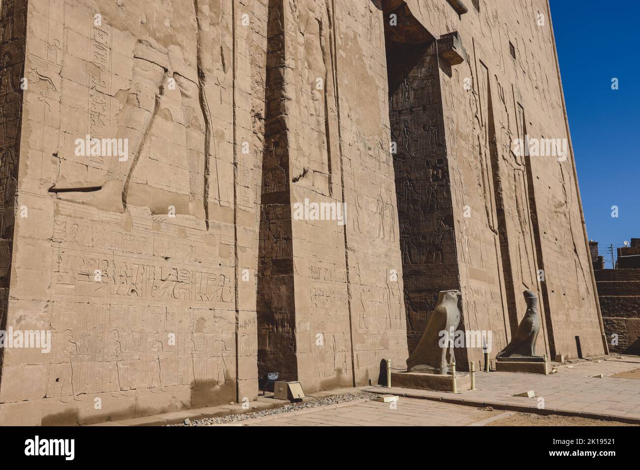 View to the main entrance of an Ancient Egyptian Edfu Temple showing ...