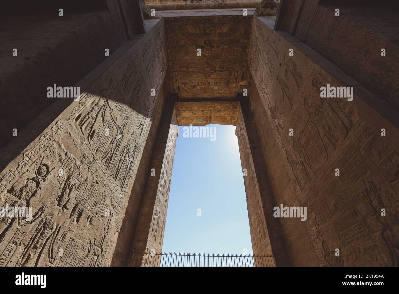 View to the main entrance of an Ancient Egyptian Edfu Temple showing ...