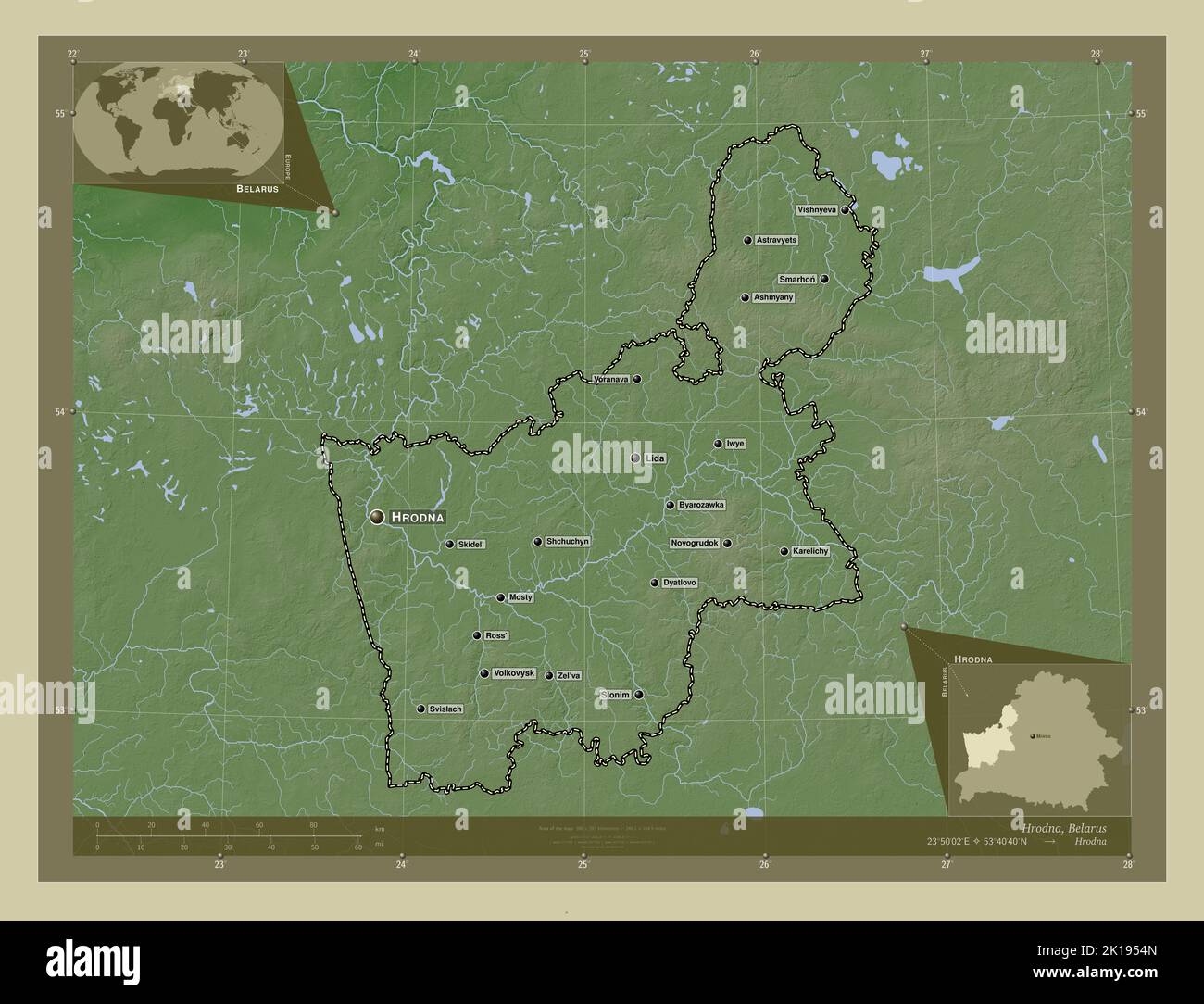 Hrodna, region of Belarus. Elevation map colored in wiki style with ...