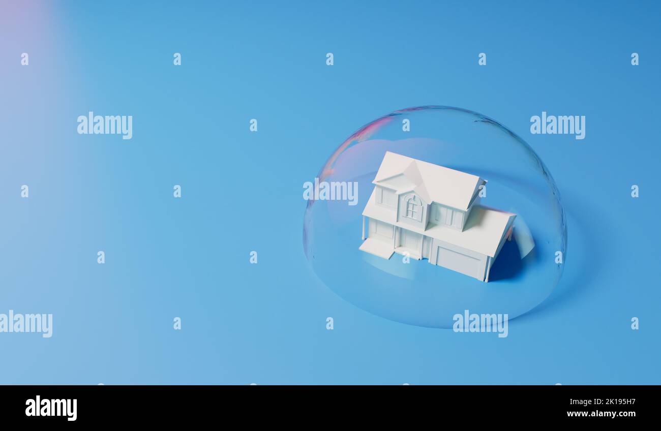 Housing bubble concept. White home in a transparent bubble. Property ...