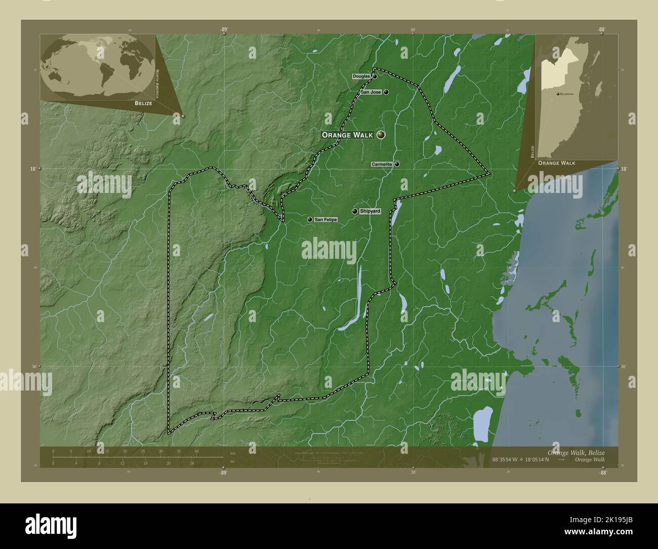Orange Walk, district of Belize. Elevation map colored in wiki style ...