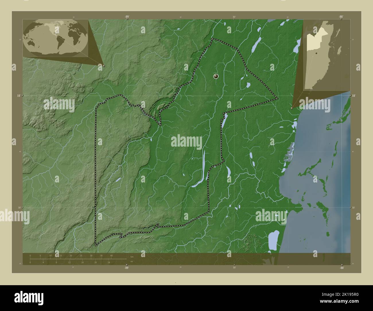 Orange Walk, district of Belize. Elevation map colored in wiki style with lakes and rivers ...