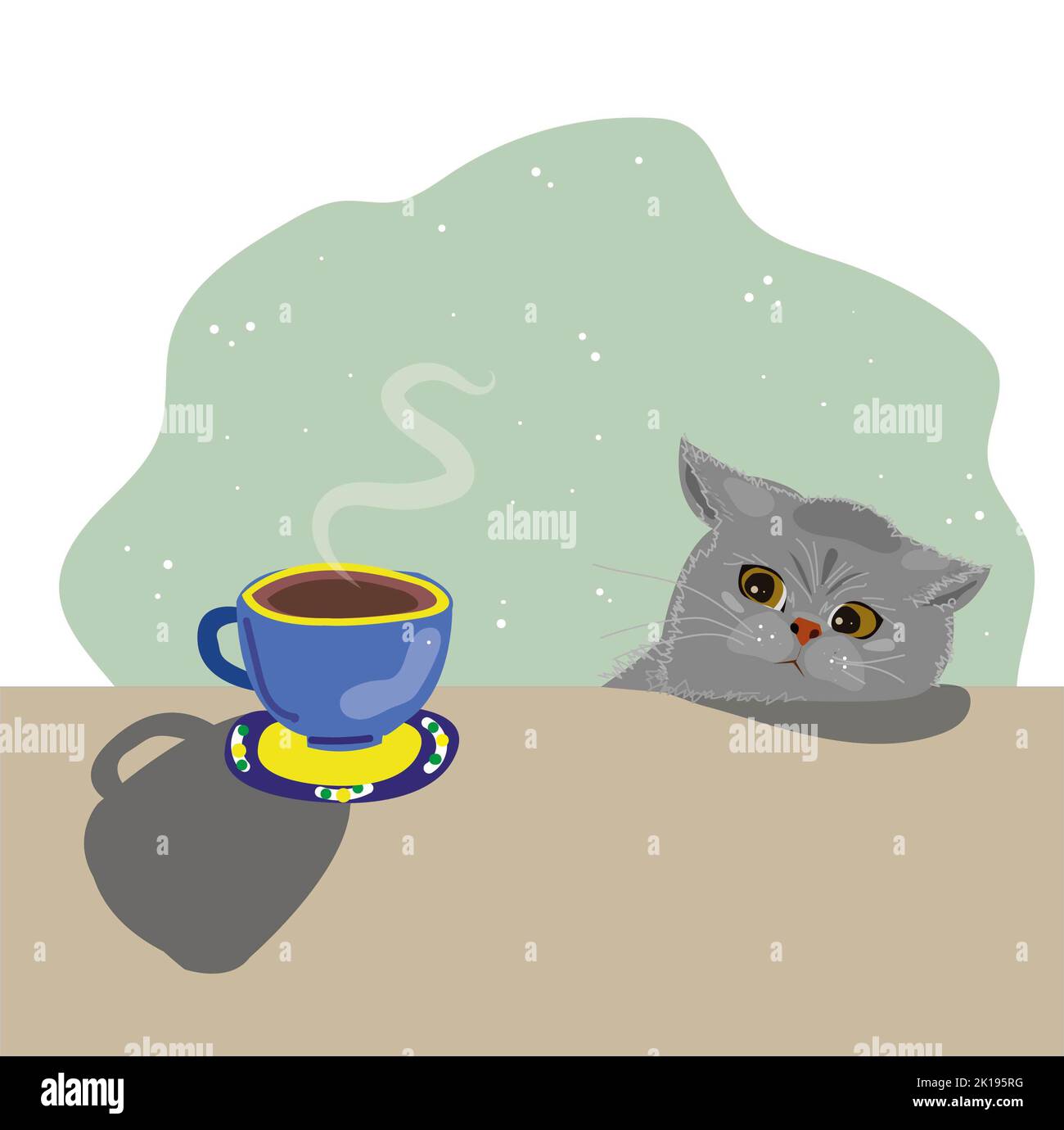 cute cat sits at the table and watches a cup of coffee. illustration in ...