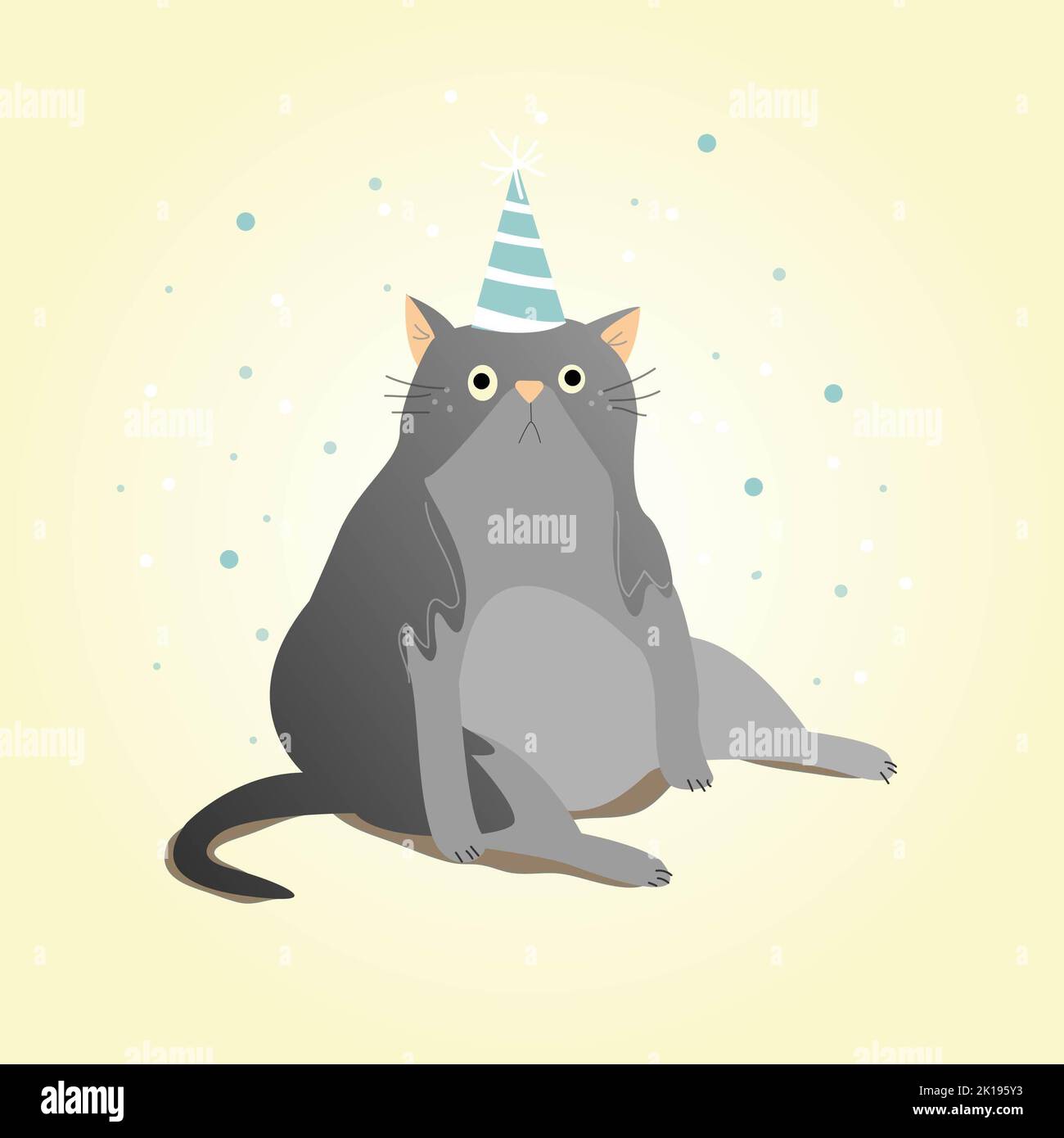 a cute fat gray cat in a white and blue festive cap sits on the floor ...