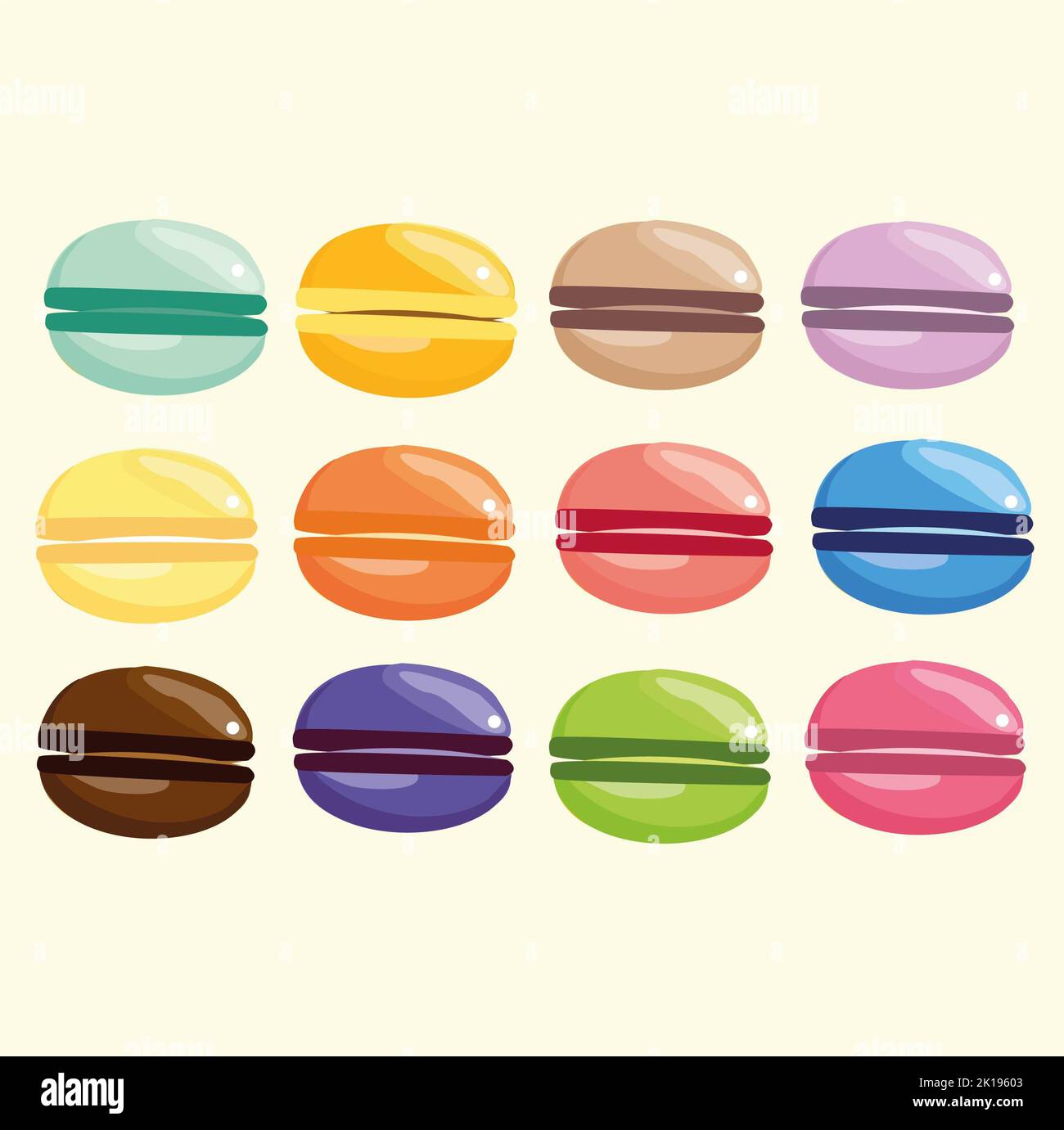 Cartoon macarons set. Different color almond cookies, isolated vector ...