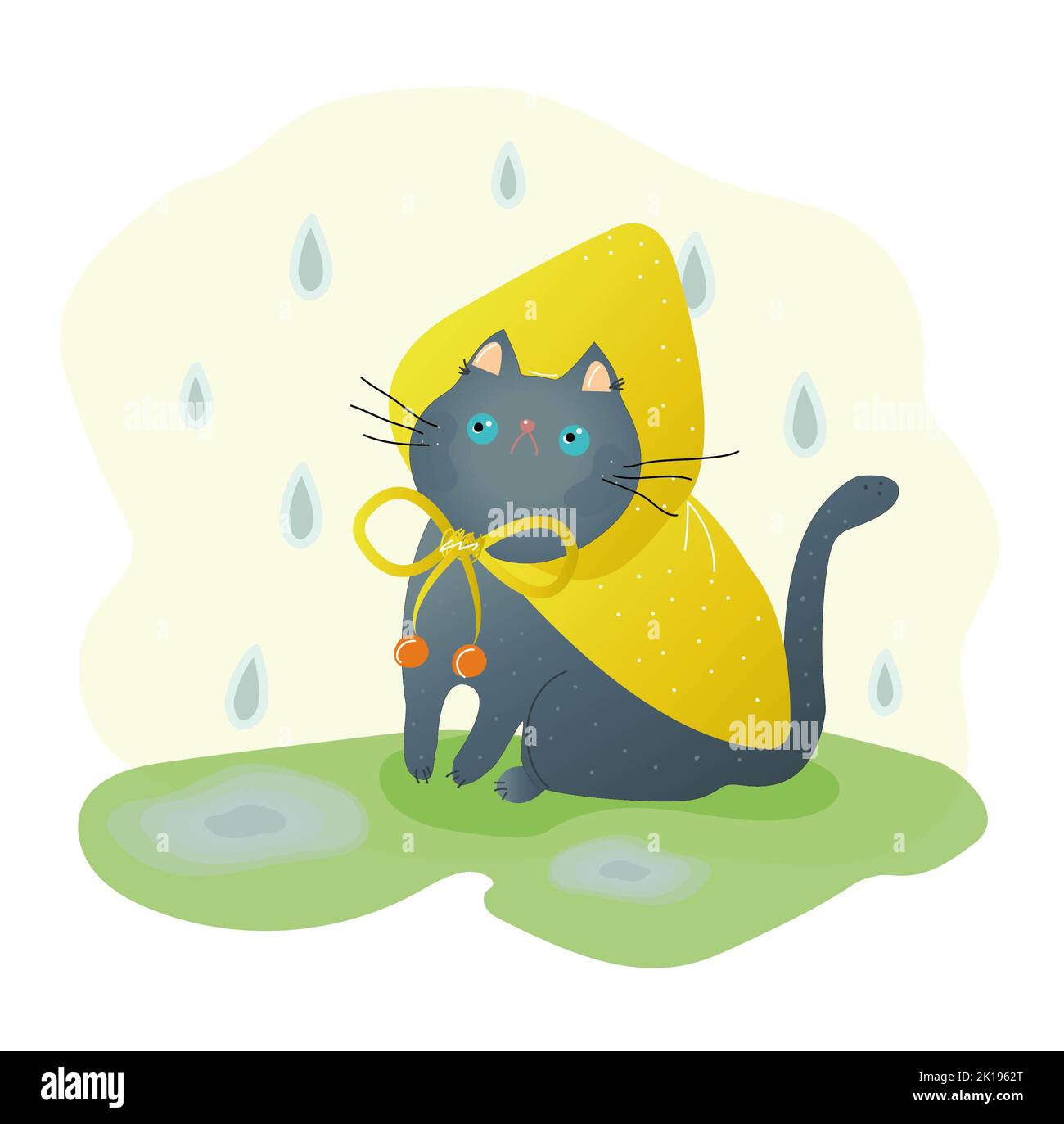 funny gray cat in a displeased mood in a yellow raincoat sits on the ...