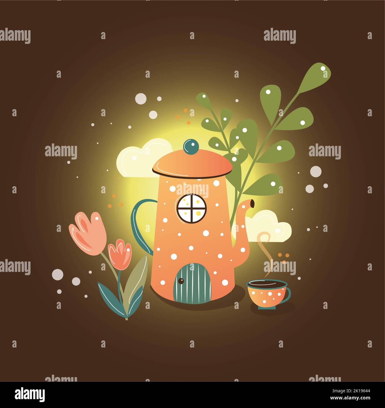orange teapot in the form of a house and a cup. flower bed with flowers ...