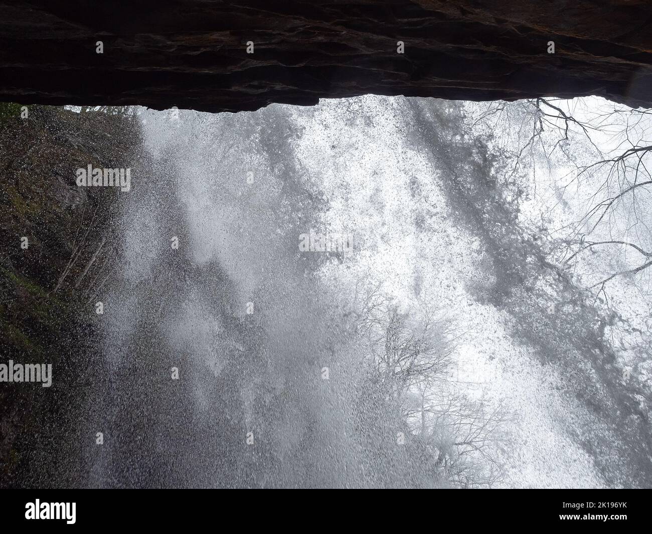 A waterfall stream pours from a cliff overhead. Bottom view. Motion ...