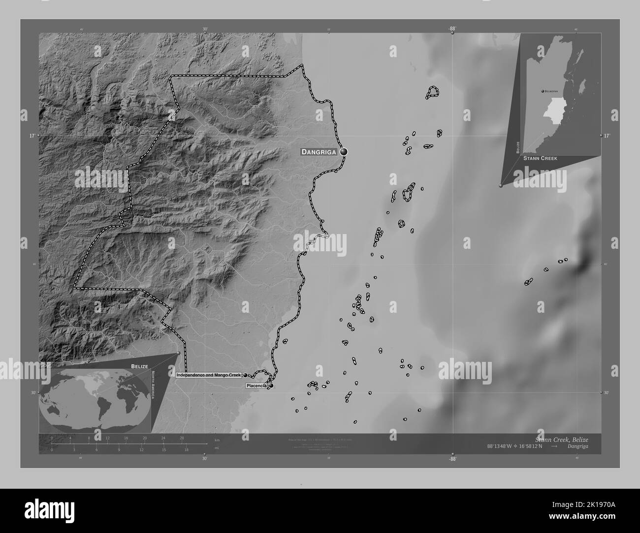 Stann Creek, district of Belize. Grayscale elevation map with lakes and ...