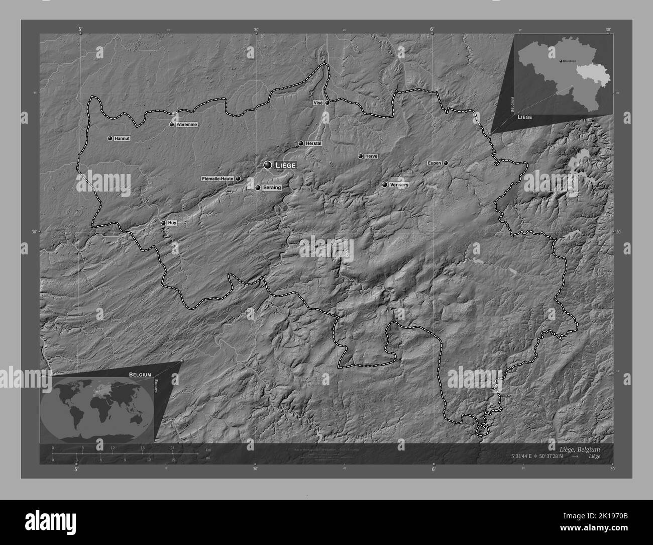 Liege, province of Belgium. Bilevel elevation map with lakes and rivers ...