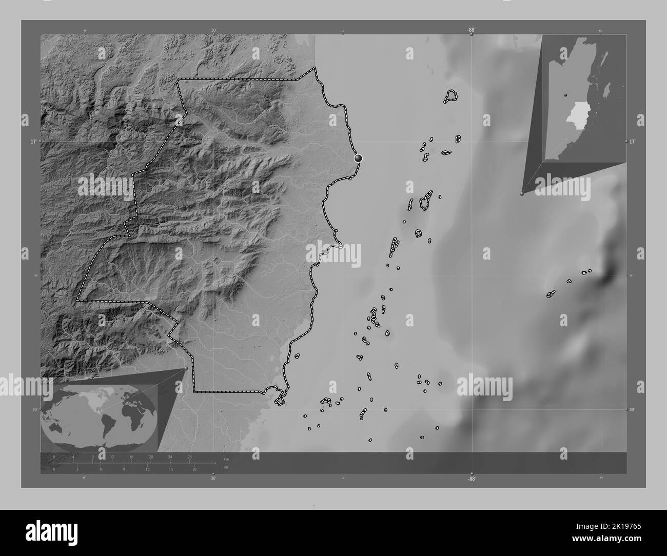 Stann Creek, district of Belize. Grayscale elevation map with lakes and rivers. Corner auxiliary ...