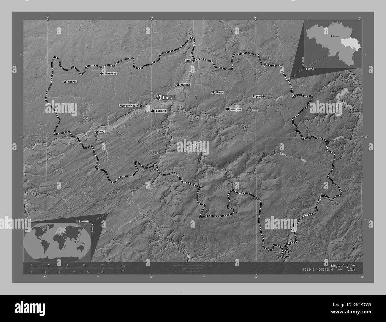 Liege, province of Belgium. Grayscale elevation map with lakes and ...