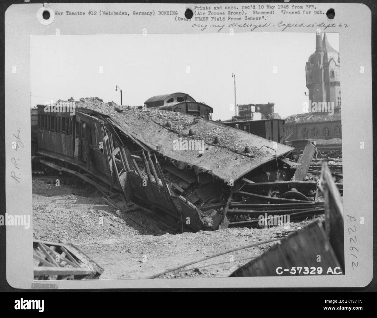 Scenes of wreckage at the railroad marshalling yards, Weisbaden ...