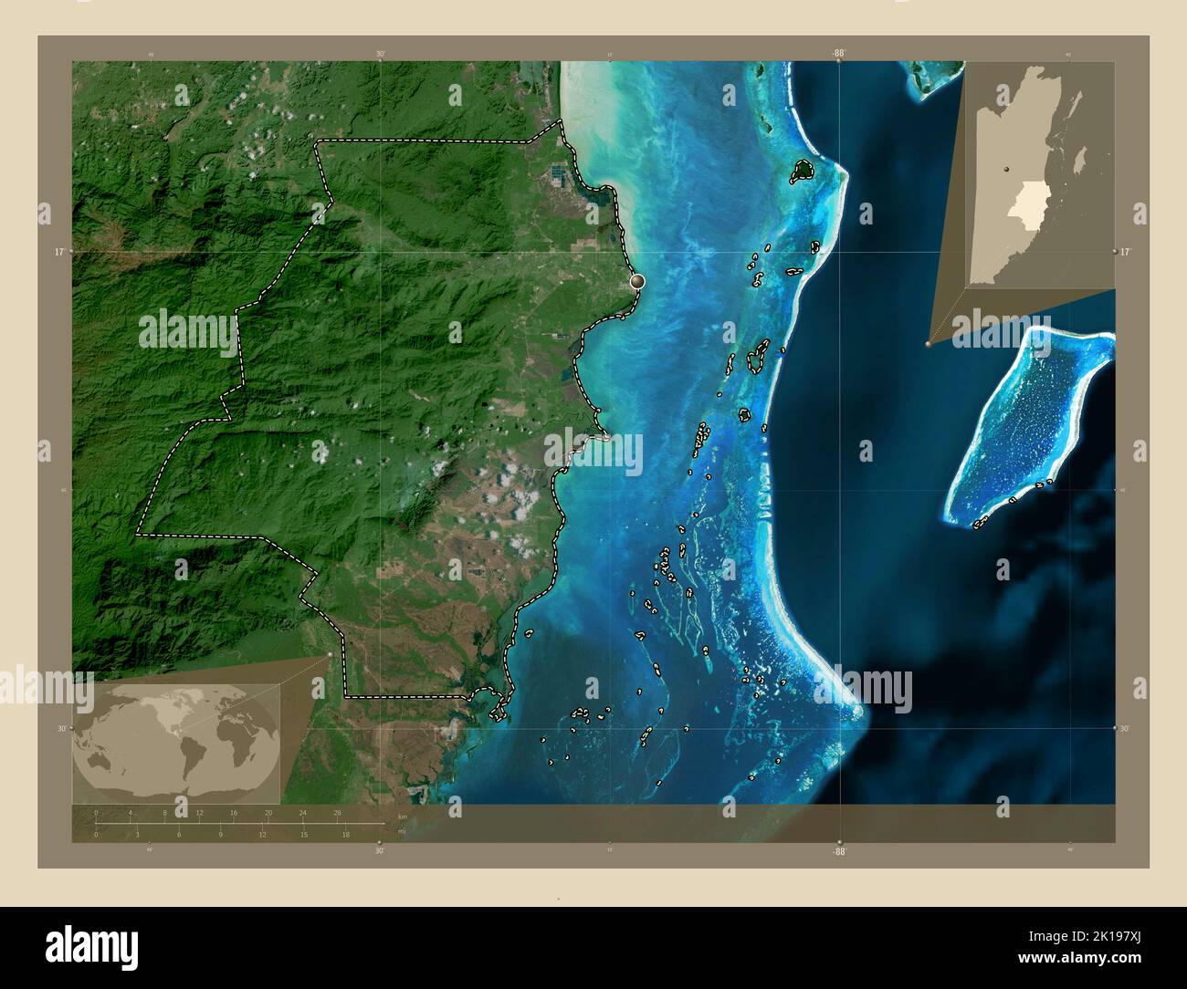 Stann Creek, district of Belize. High resolution satellite map. Corner ...