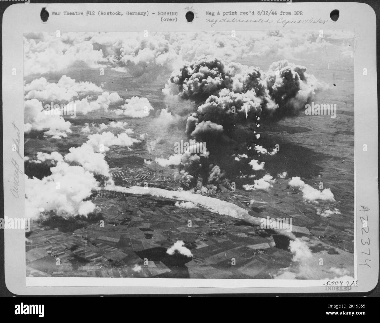 Heinkel Aircraft ATC plant and airfield at Rostock, Germany spouts ...