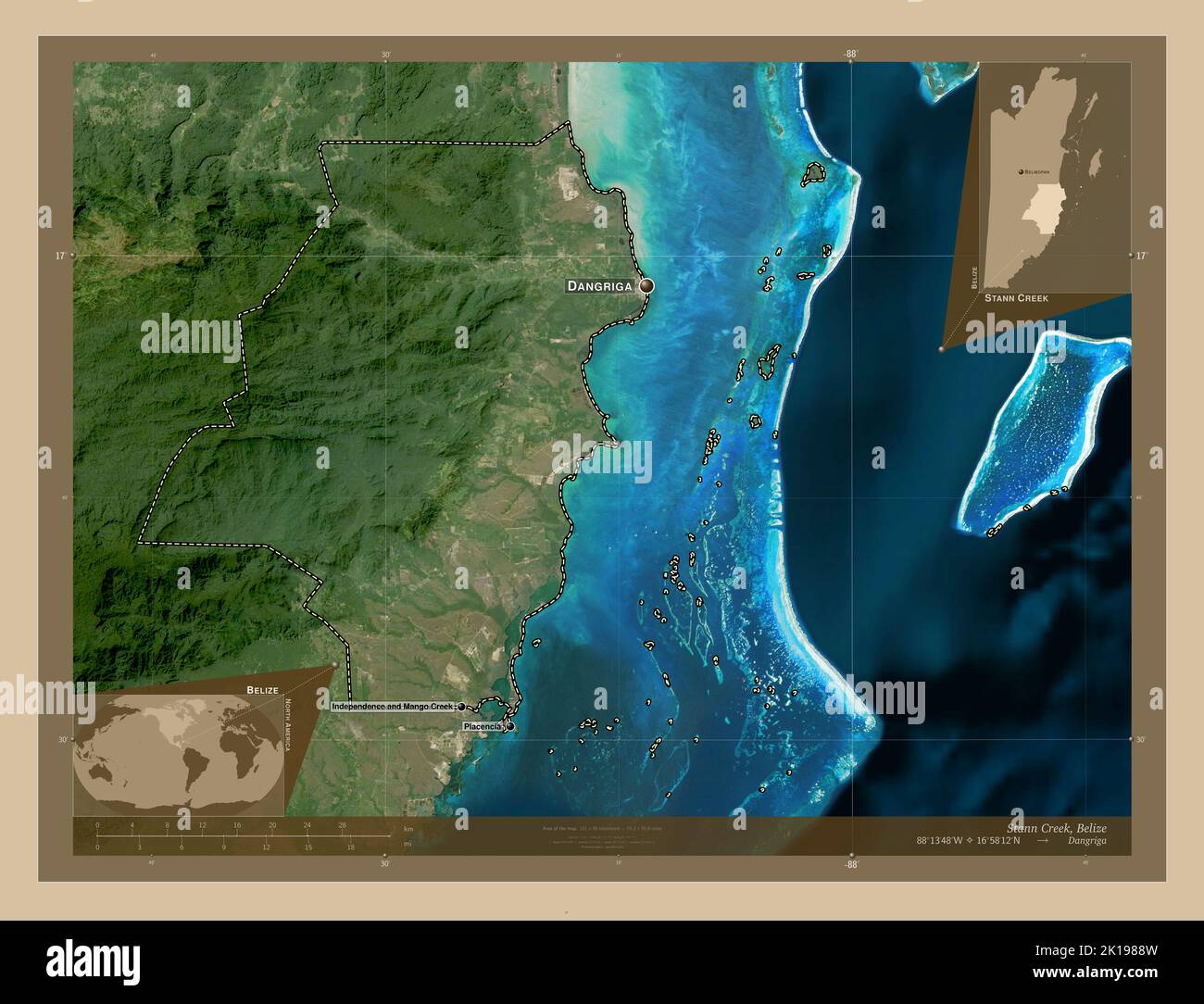 Stann Creek, district of Belize. Low resolution satellite map ...