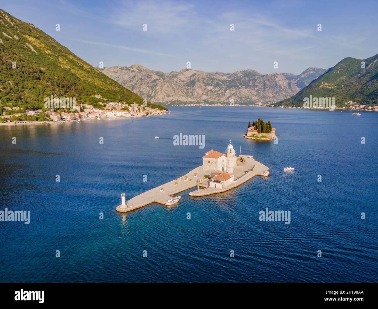 Picturesque island st. George and temple Gospa od Skrpela. Drone view ...