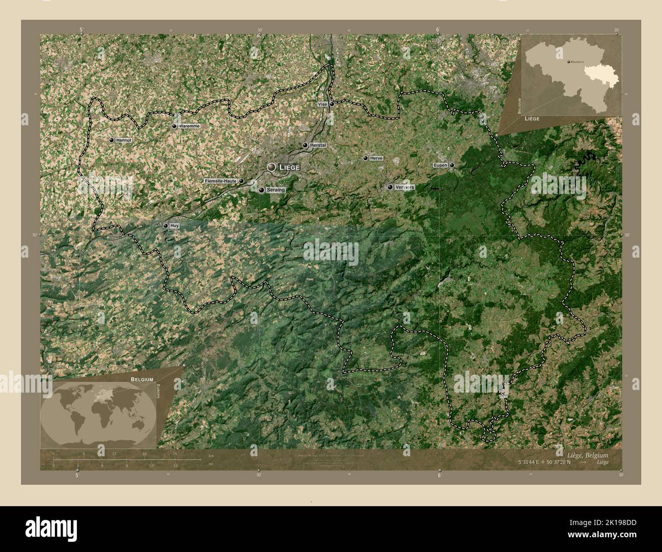 Liege, province of Belgium. High resolution satellite map. Locations and names of major cities ...