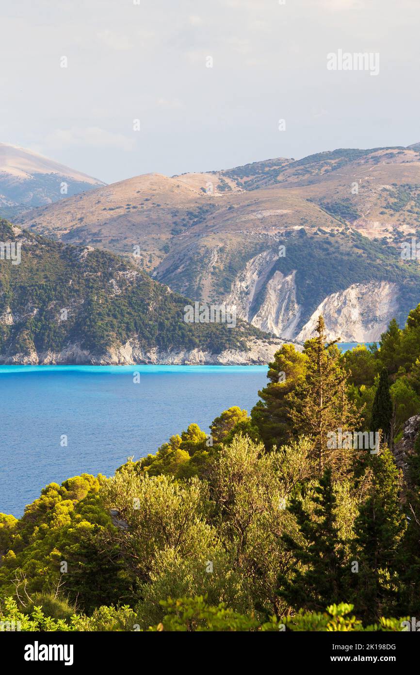 Top view at Asos village, Assos peninsula and blue Ionian Sea water ...
