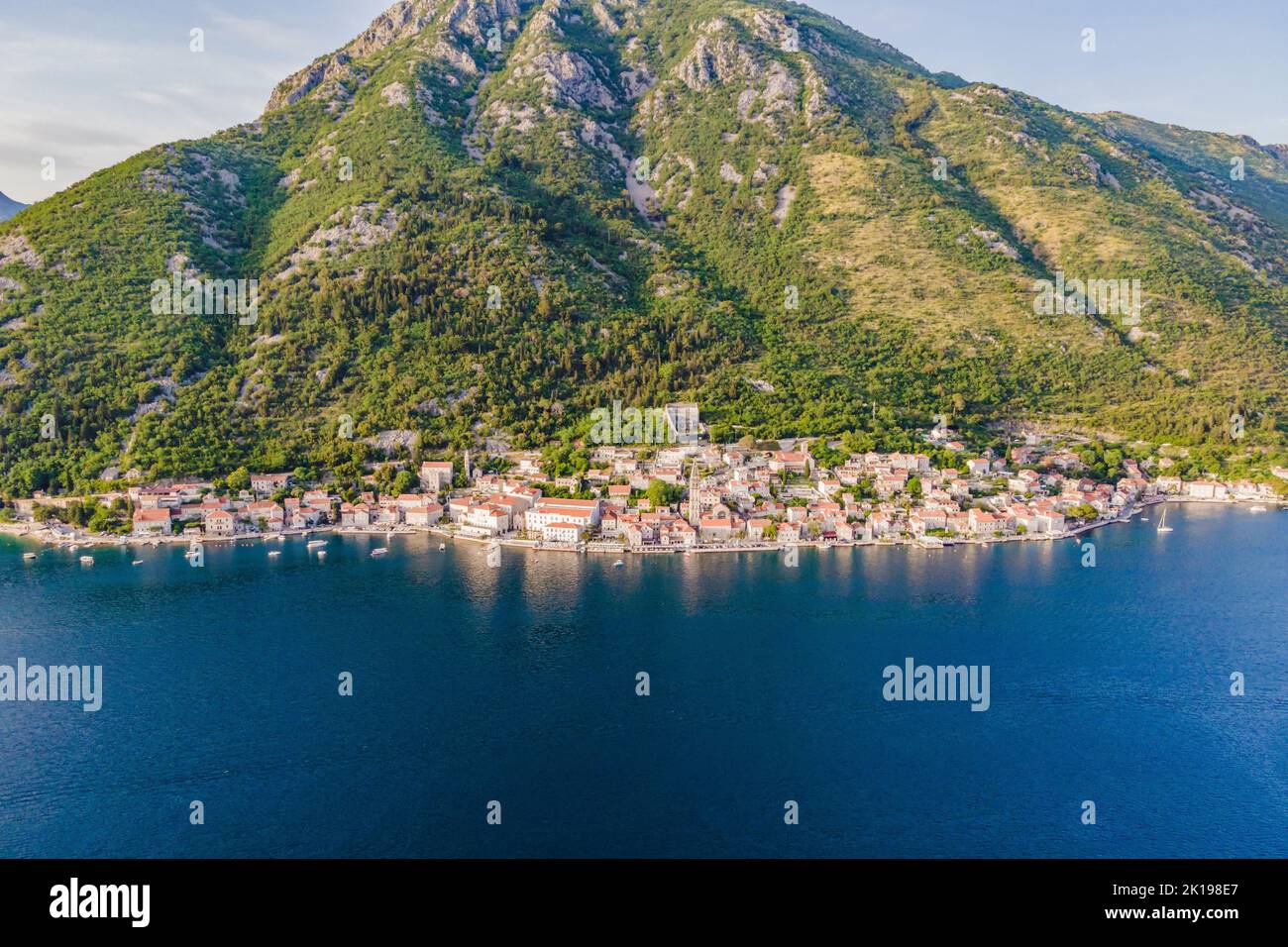 Scenic panorama view of the historic town of Perast at famous Bay of ...