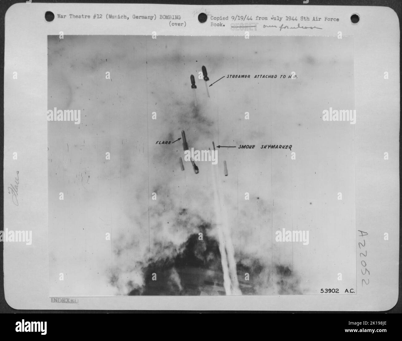 Sky-markers, flares and H.E.'s drop toward Munich, Germany from lead ...