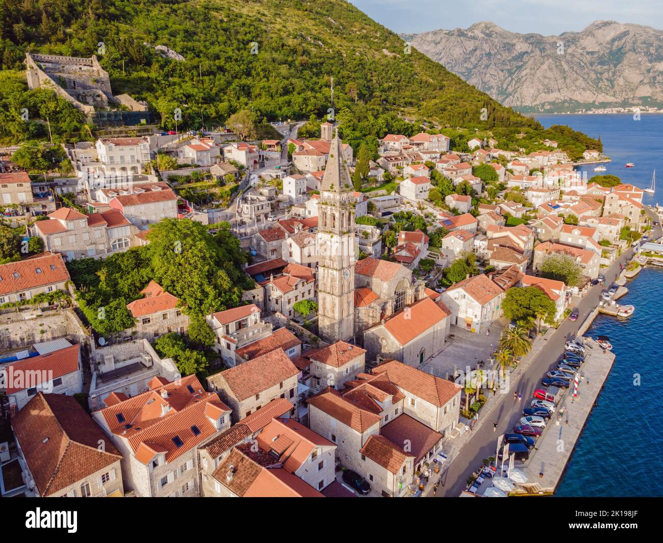 Scenic panorama view of the historic town of Perast at famous Bay of ...