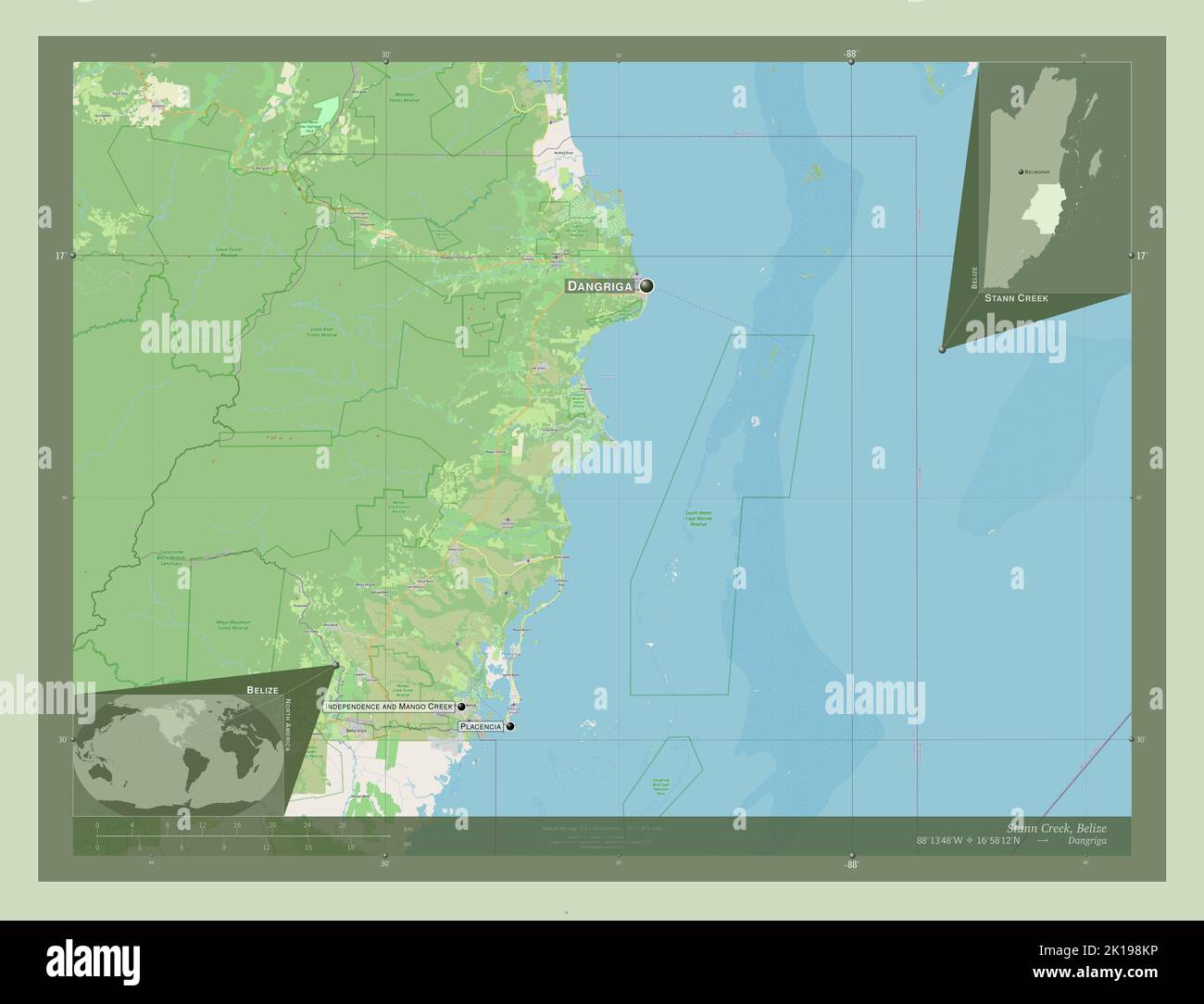 Stann Creek, district of Belize. Open Street Map. Locations and names of major cities of the ...