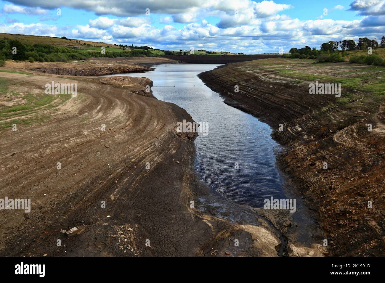Extremely low water level at Baitings Reservoir due to the very warm ...