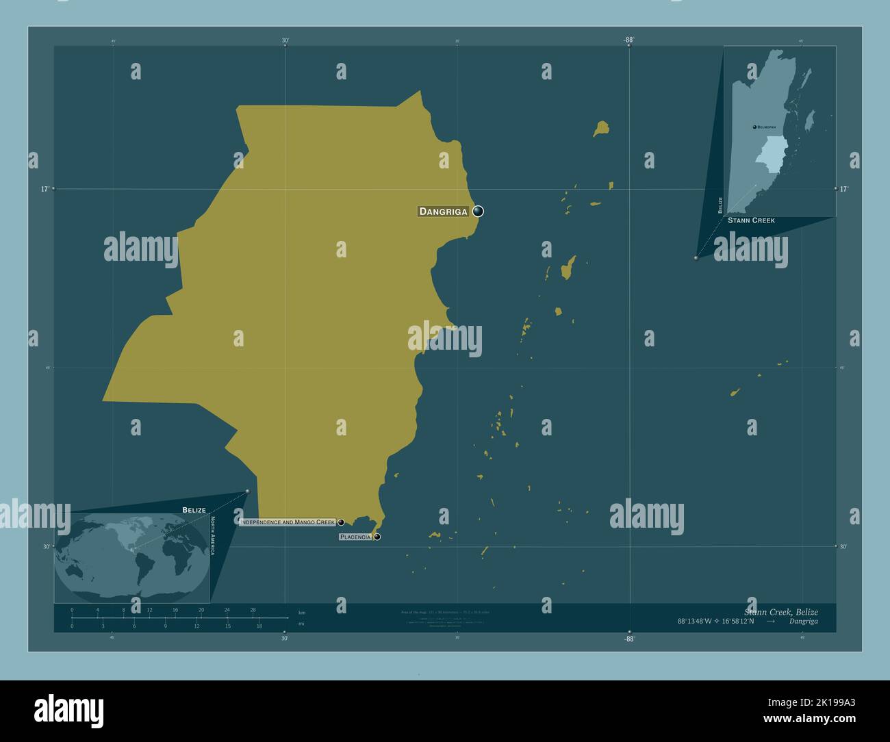 Stann Creek, district of Belize. Solid color shape. Locations and names of major cities of the ...