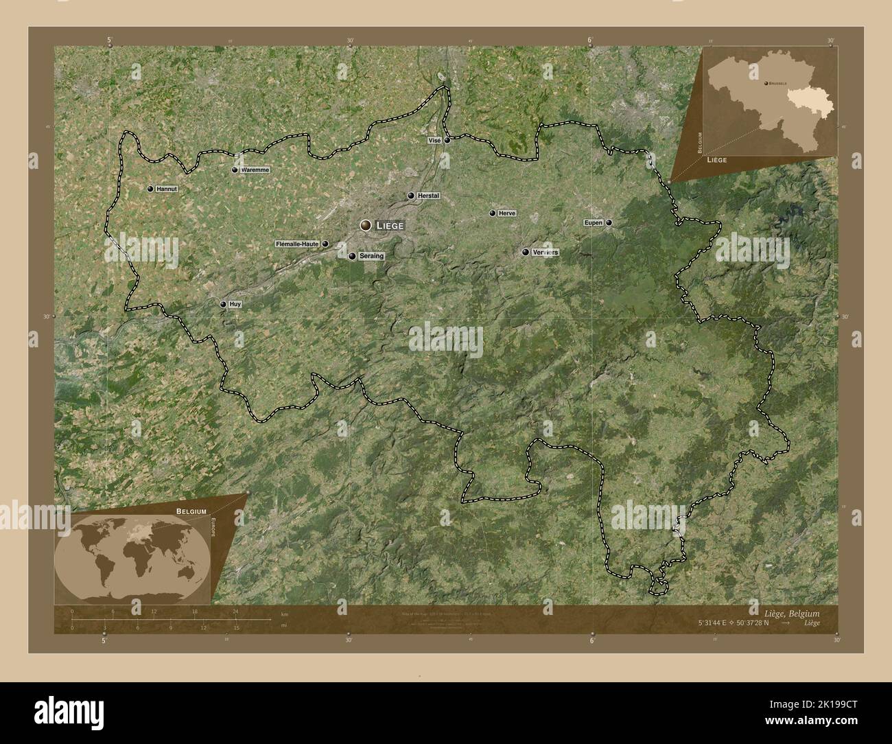 Liege, province of Belgium. Low resolution satellite map. Locations and ...