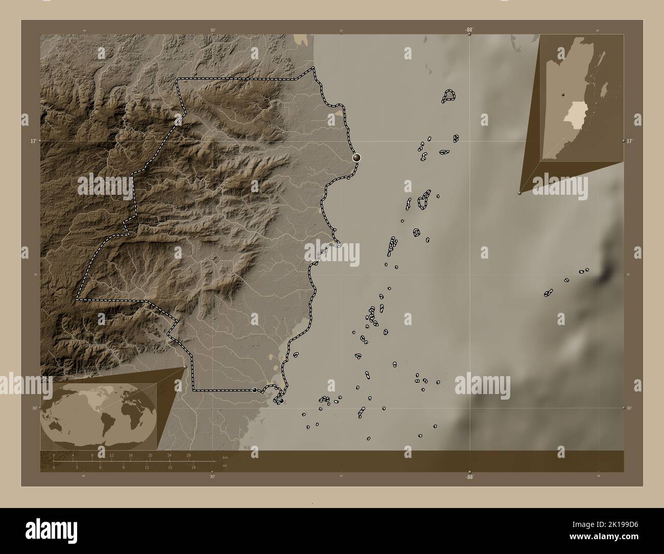 Stann Creek, district of Belize. Elevation map colored in sepia tones ...
