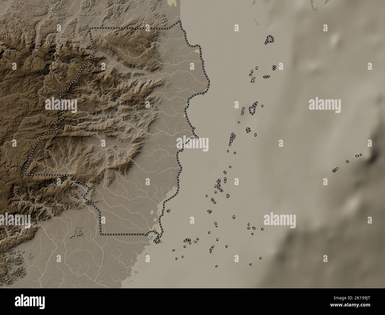 Stann Creek, district of Belize. Elevation map colored in sepia tones ...