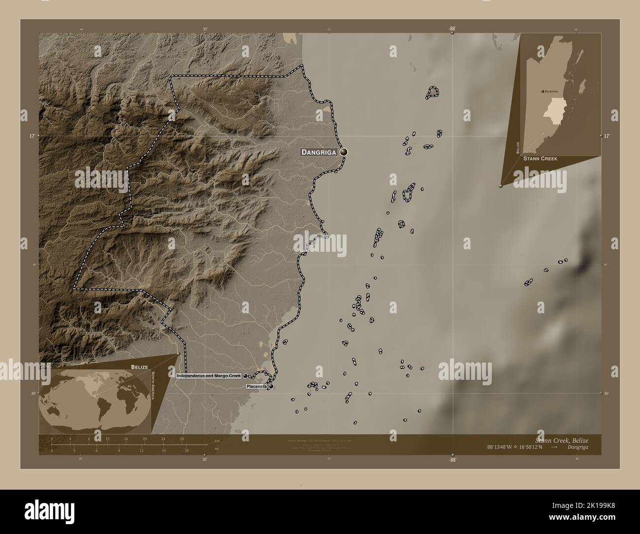 Stann Creek, district of Belize. Elevation map colored in sepia tones ...